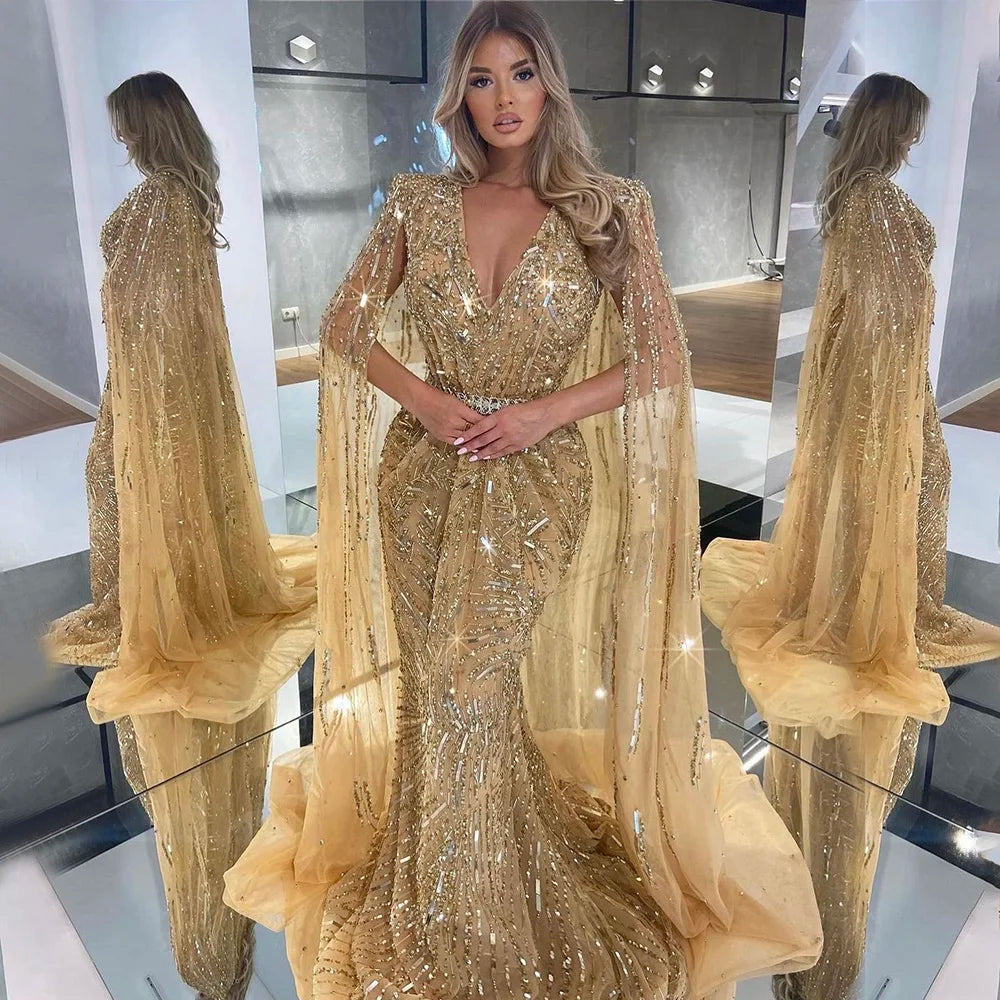 Gold Arabic Cape Sleeves Beaded Evening Dresses Gowns 2025 Mermaid Ele ...