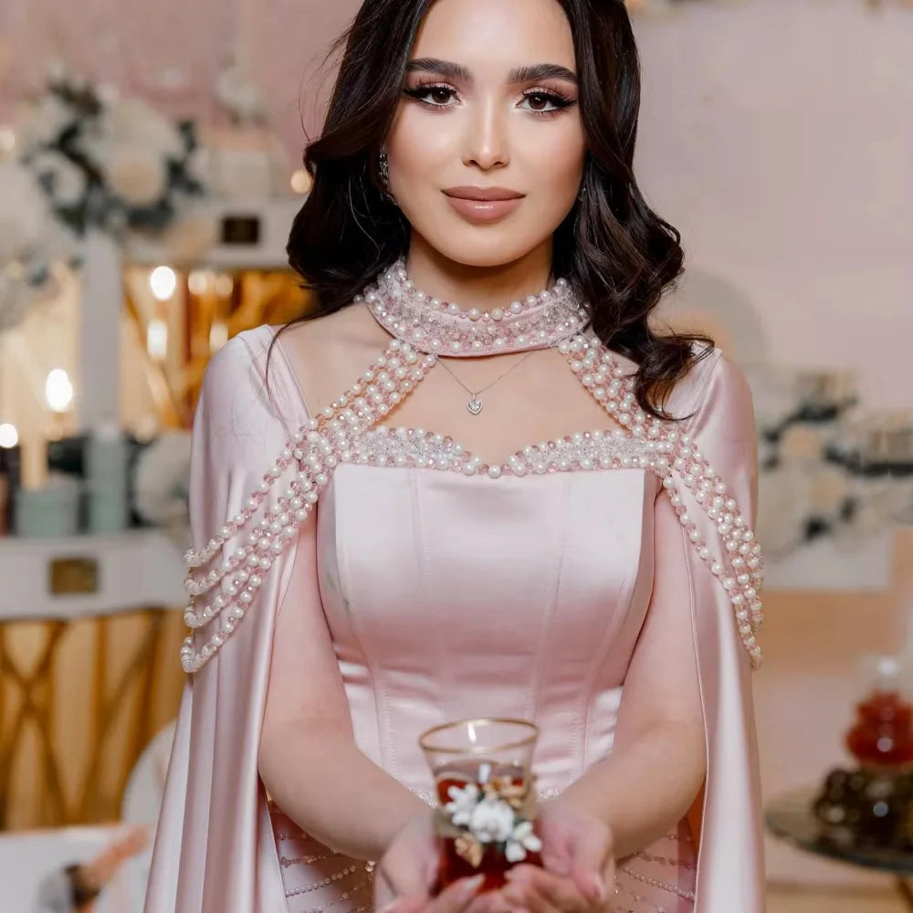 Luxury Arabic Pearls Pink Evening Dress with Cape LA73051 – SERENE HILL