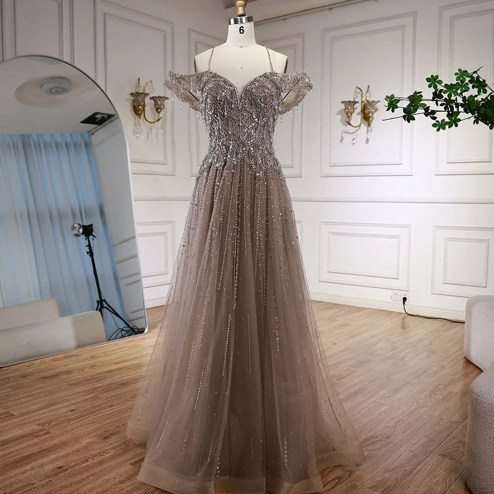 Luxury Arabic Caramel Off-Shoulder Beaded A-Line Evening Dress LA71606 ...