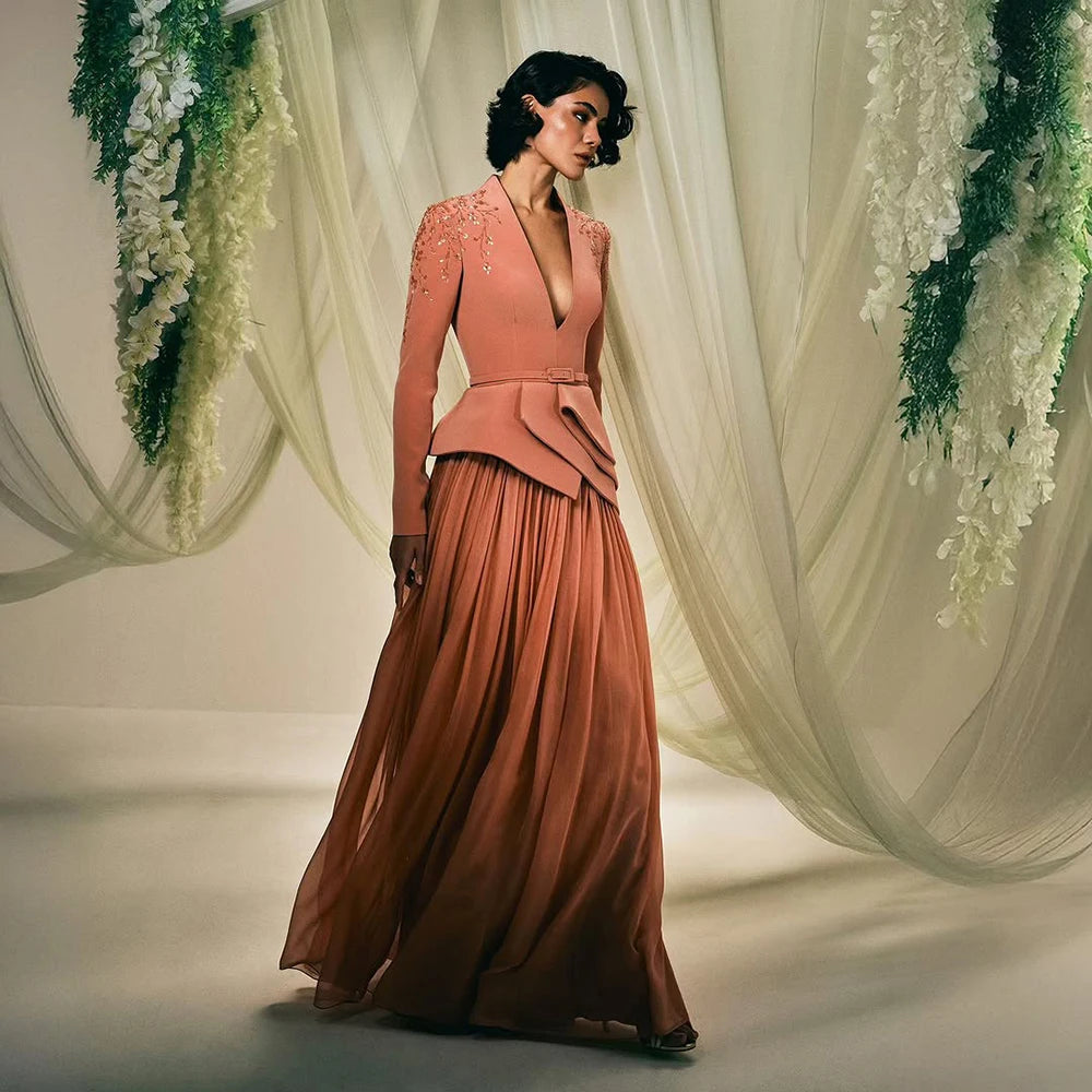 Luxury Terracotta Beaded Evening Dresses Gowns with Blazer Top and Pl ...