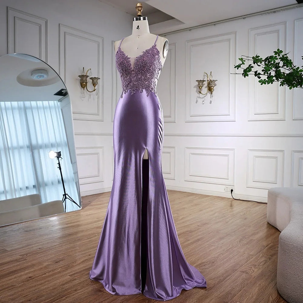 Luxury Purple Satin Prom Dress with Slit and Lace Appliques LA73040 ...
