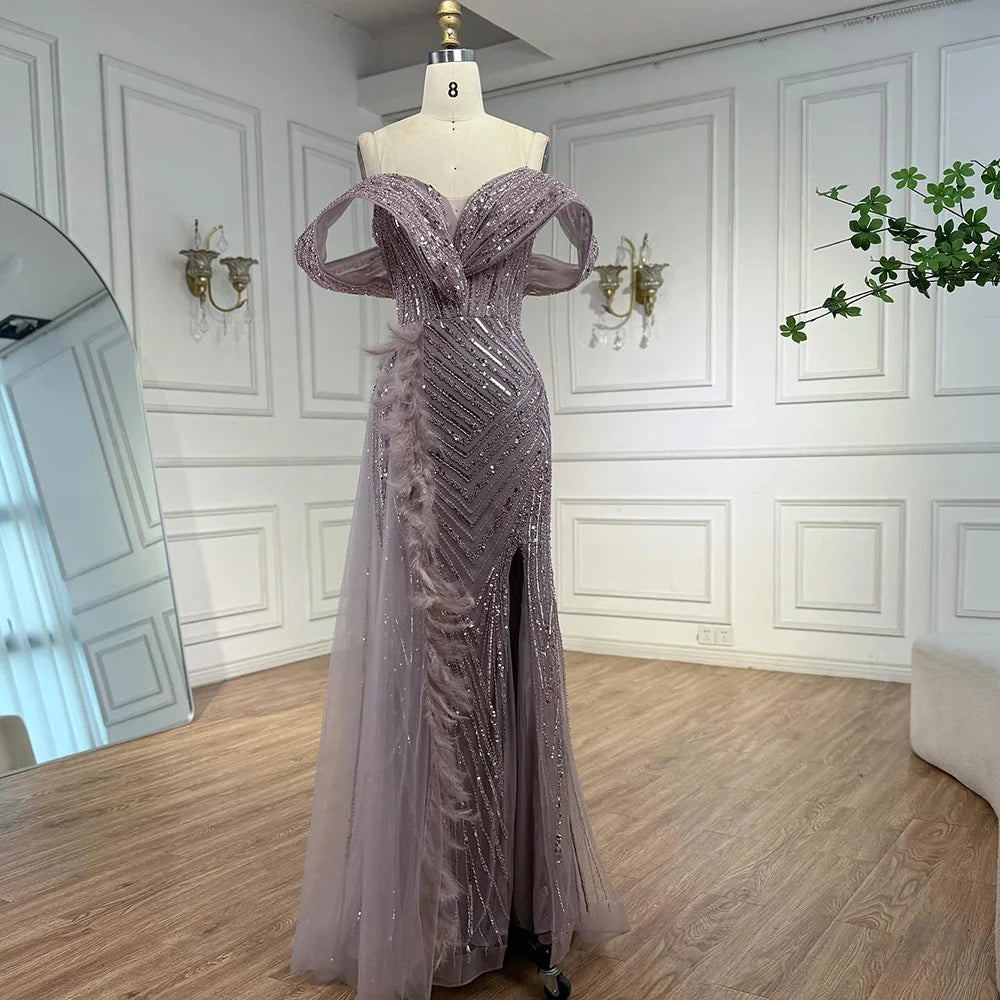 Luxury Pink Off Shoulder Beaded Feather Mermaid Evening Dress LA73111 ...