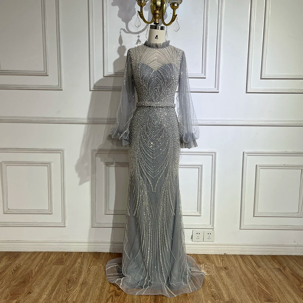 Modest Gray High Neck Mermaid Evening Dress with Long Sleeves LA71690A ...