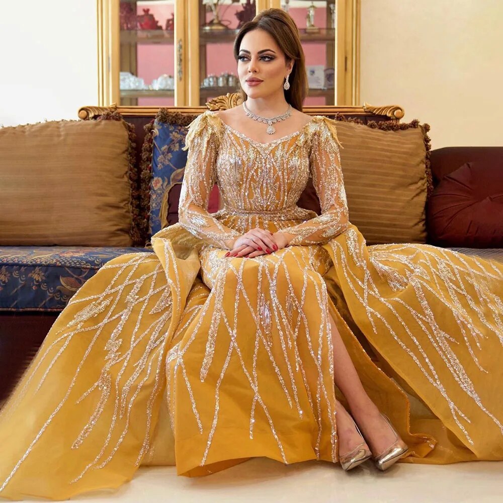 Serene Hill Muslim Gold Mermaid With Overskirt Beaded Luxury Dubai Eve ...