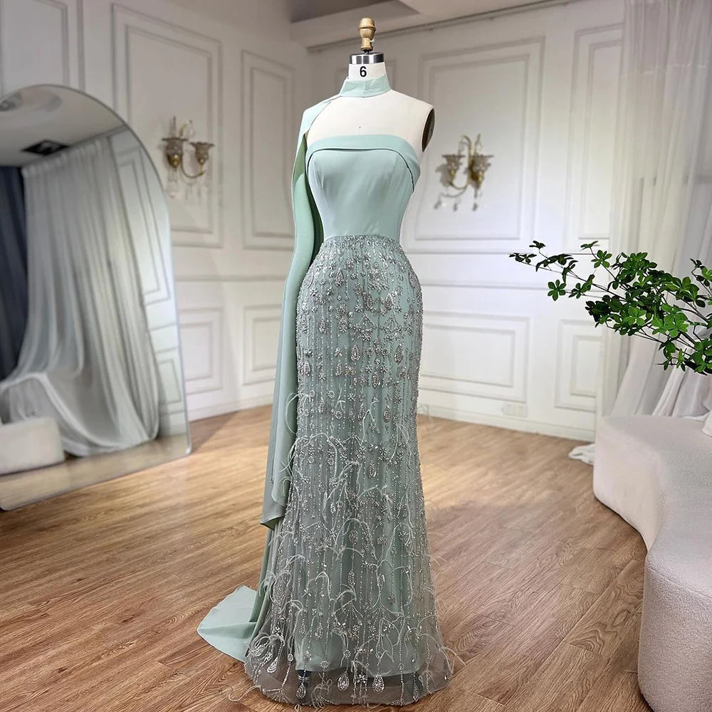 Luxury Sage Green Feathers Evening Dress with Scarf Cape LA72290 ...
