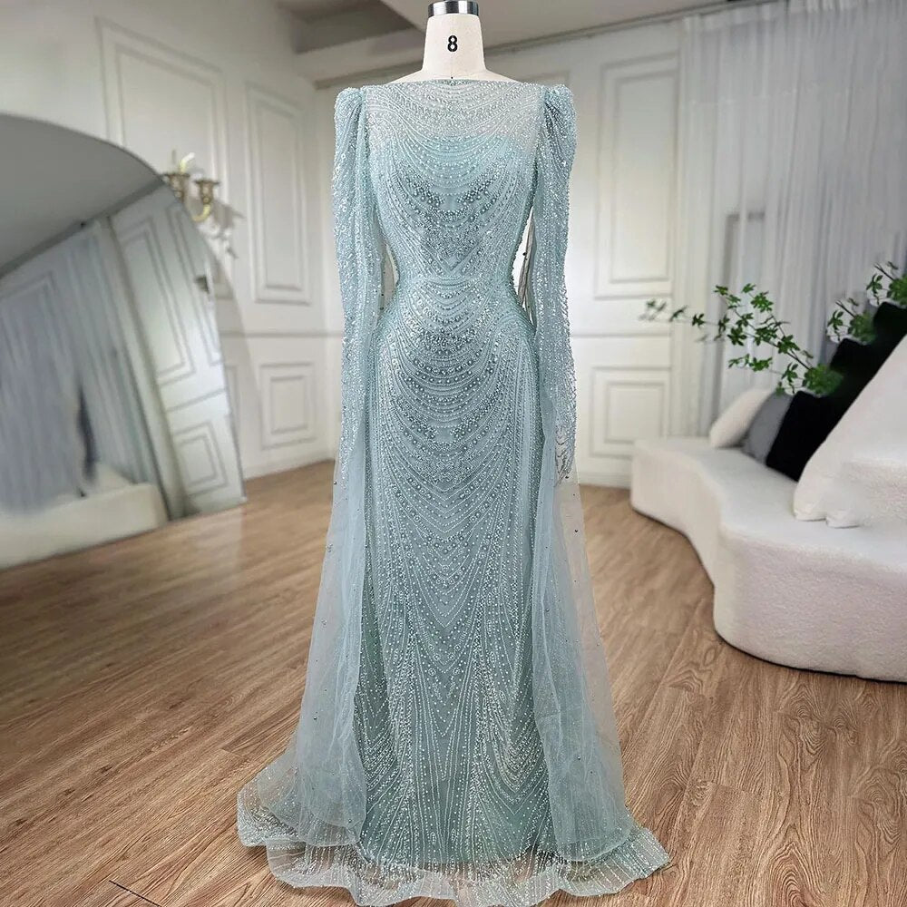 Serene Hill Turquoise Cape Sleeves Luxury Beaded Mermaid Arabic Evenin ...