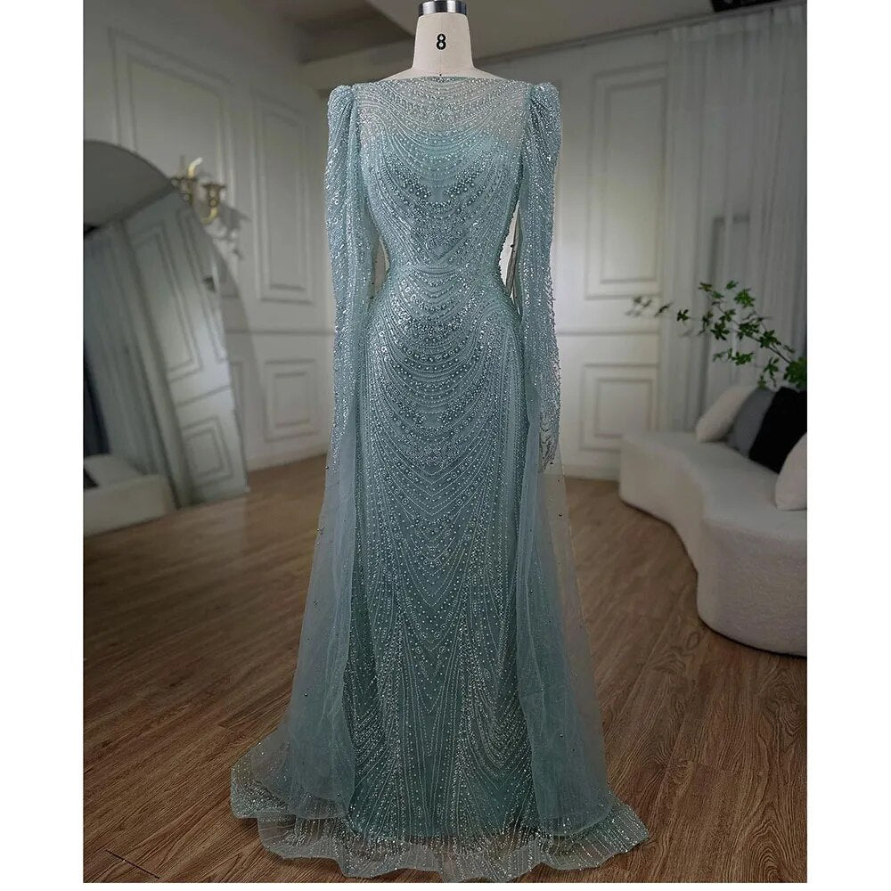 Serene Hill Turquoise Cape Sleeves Luxury Beaded Mermaid Arabic Evenin ...