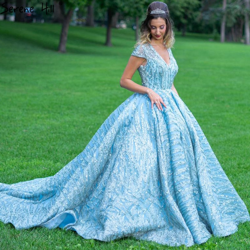 Clear Water Blue High Collar Evening Dresses 2025 Short Sleeve Lace Se ...