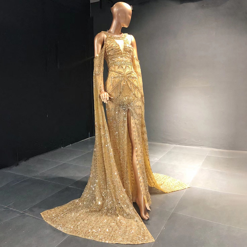 Gold Mermaid Elegant High Split Evening Dresses Gowns 2025 Beaded Luxu ...
